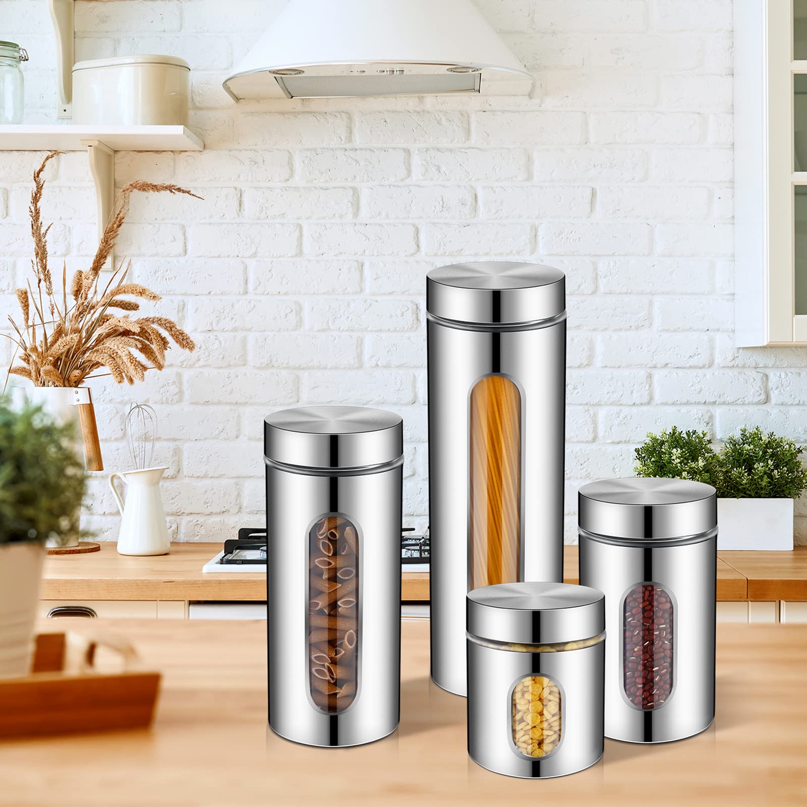 Zopeal 8 Pcs Kitchen Canister Set Stainless Steel Nested Canister Storage Set with Glass Window Airtight Lid Coffee Sugar Tea Storage Jars for Flour Pasta Cookies Spices Grains (Silver)