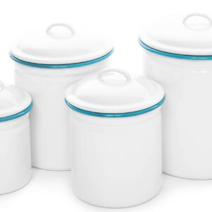 Crow Canyon Home Enamelware Canister Set, 4 piece, Vintage White/Turquoise