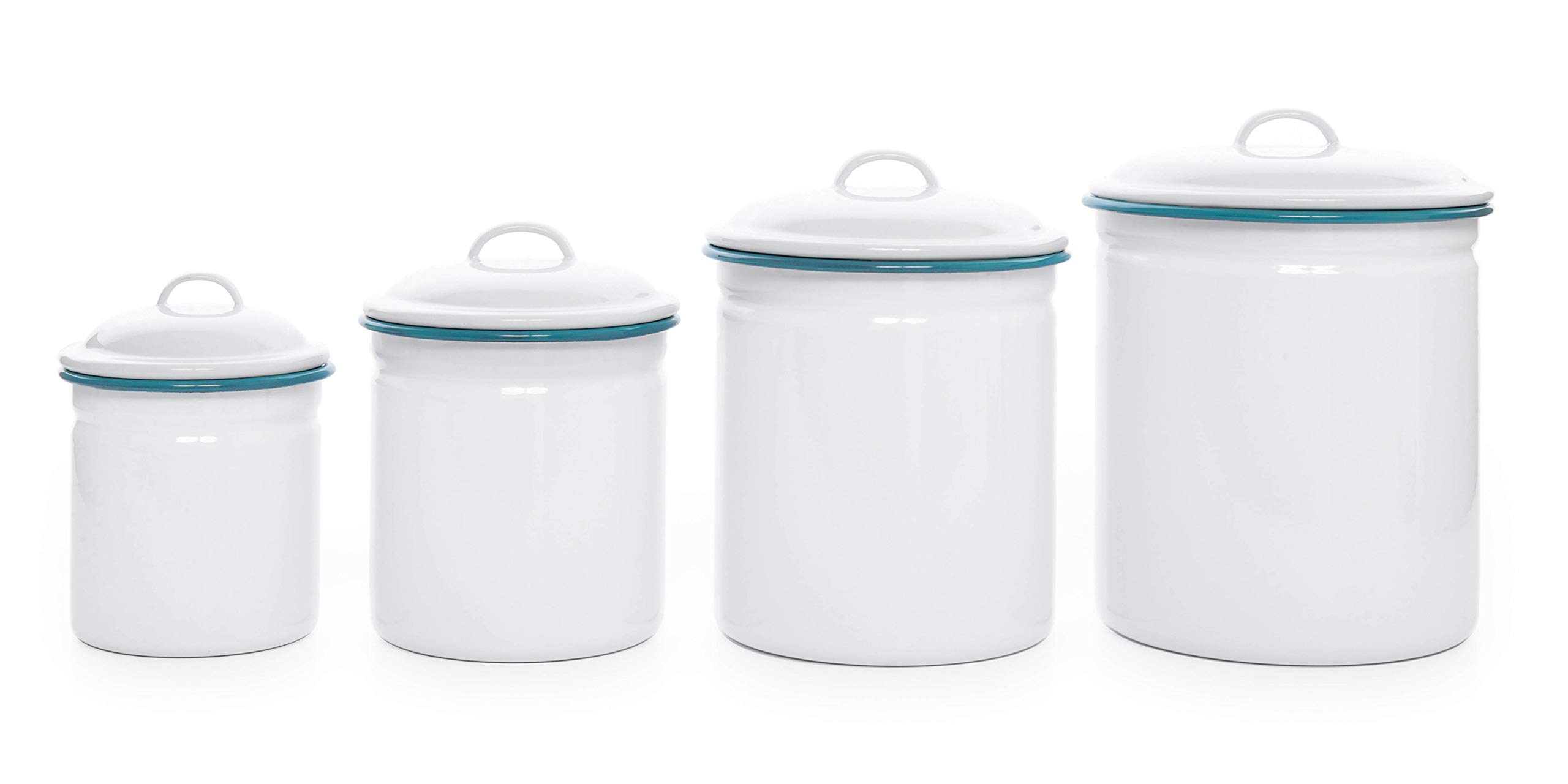 Crow Canyon Home Enamelware Canister Set, 4 piece, Vintage White/Turquoise