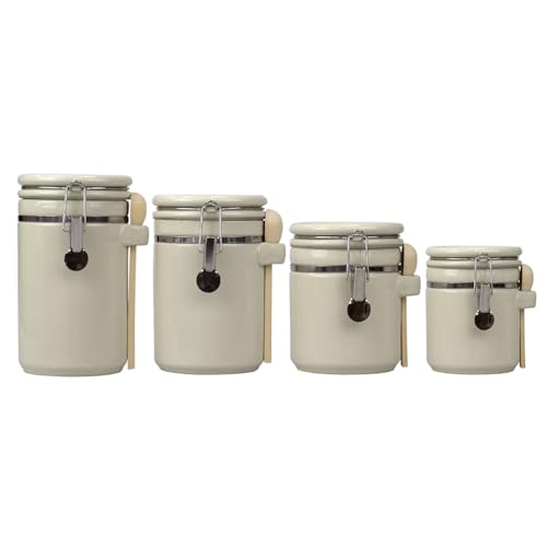 Home Basics Canister Sets For The Kitchen (4 Piece Set) Beige, High Gloss Ceramic Decorative Kitchen Set | With Wooden Spoons, Countertop Set For Flour, Sugar, Coffee, and Snacks