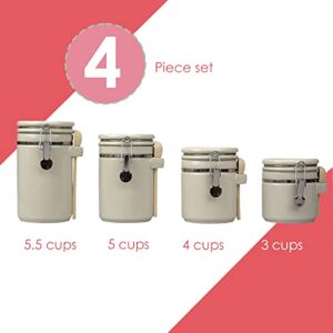 Home Basics Canister Sets For The Kitchen (4 Piece Set) Beige, High Gloss Ceramic Decorative Kitchen Set | With Wooden Spoons, Countertop Set For Flour, Sugar, Coffee, and Snacks