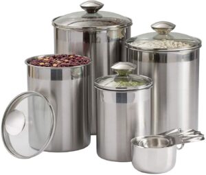 kitchen canister set - airtight stainless steel canisters with glass lids - clear see-thru top - containers set for kitchen - ideal for food, flour, sugar, coffee, tea & pantry storage (8 piece large)