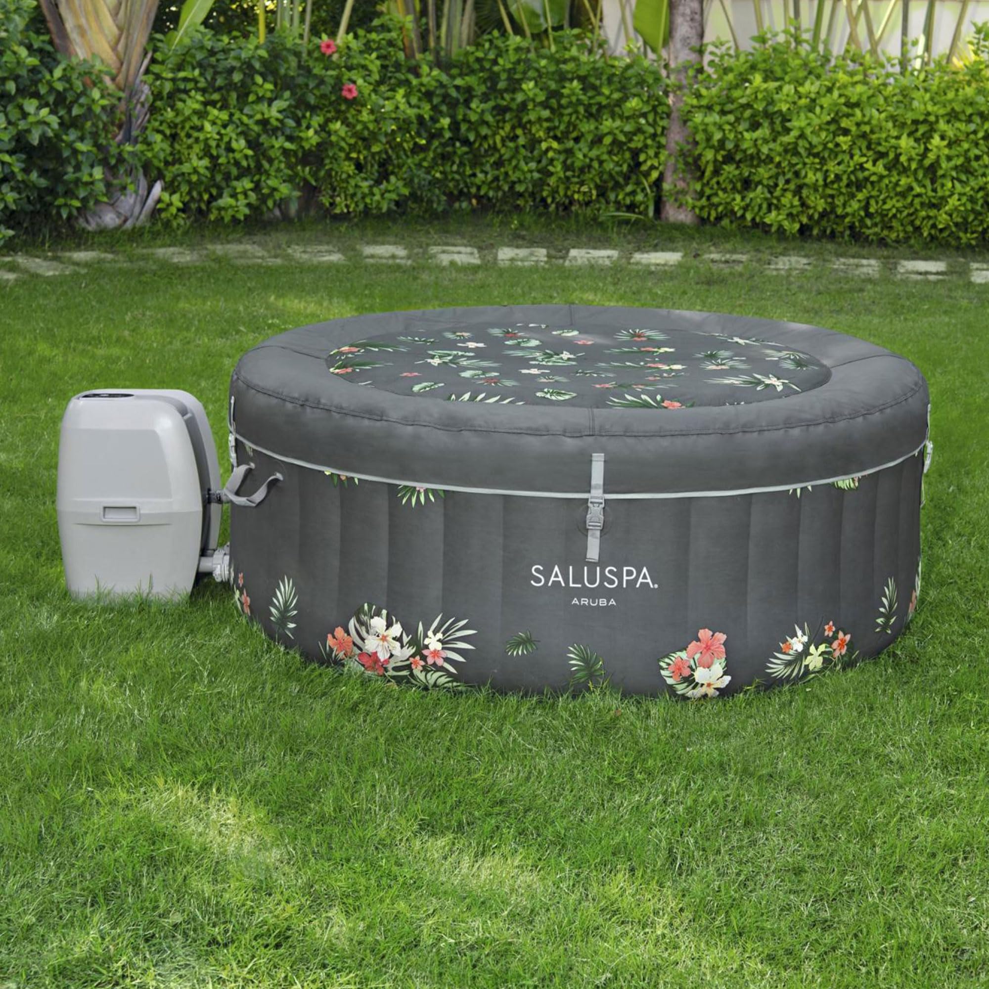 Bestway SaluSpa Aruba AirJet Large Round 2 to 3 Person Inflatable Hot Tub Portable Outdoor Spa with 110 AirJets and EnergySense Cover, Grey