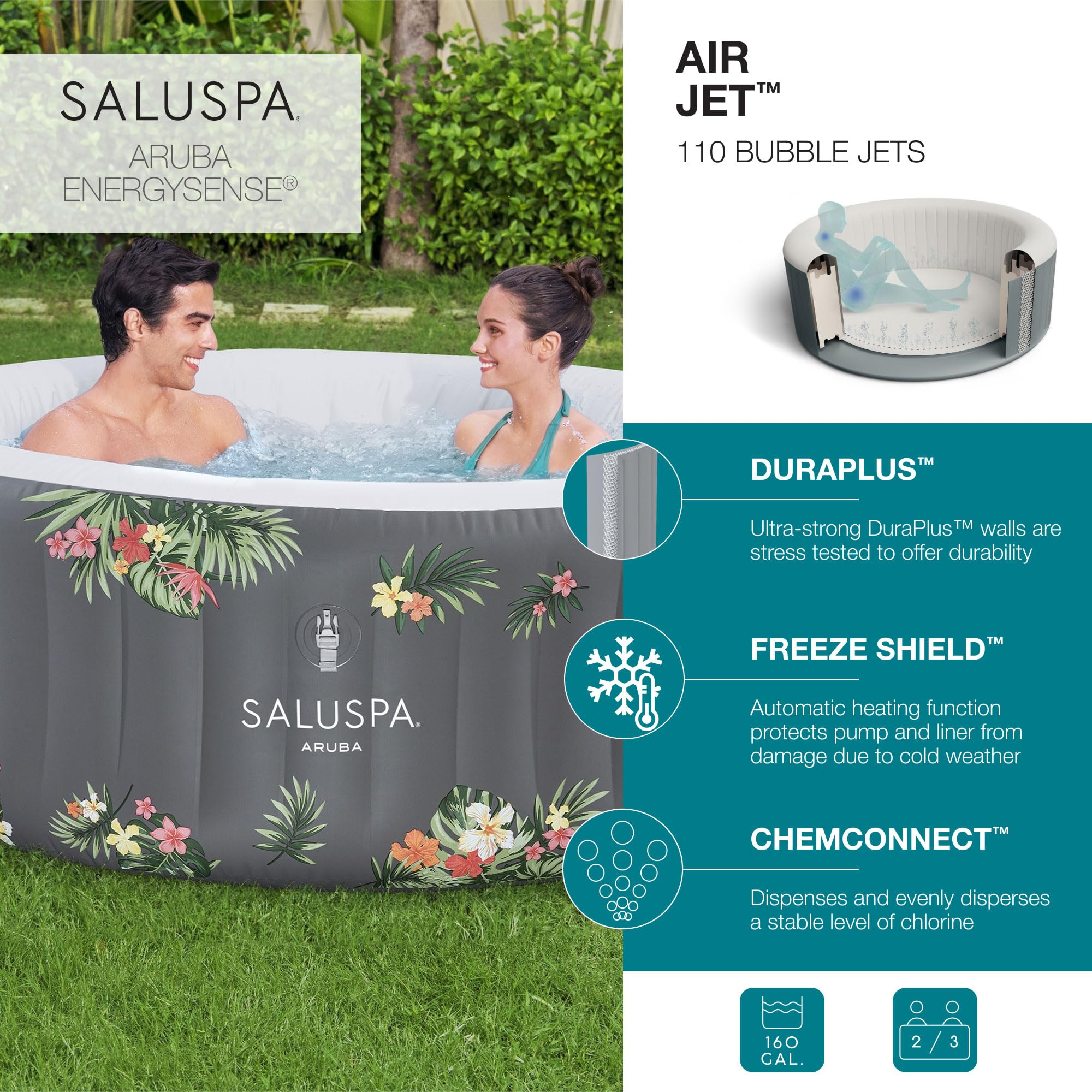 Bestway SaluSpa Aruba AirJet Large Round 2 to 3 Person Inflatable Hot Tub Portable Outdoor Spa with 110 AirJets and EnergySense Cover, Grey