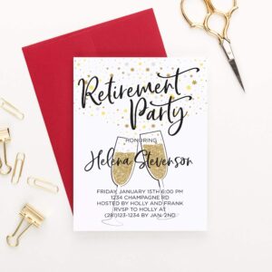 Modern Retirement Party Invitation, Gold Glitter Retirement Party Invites, Your choice of Quantity and Envelope Color