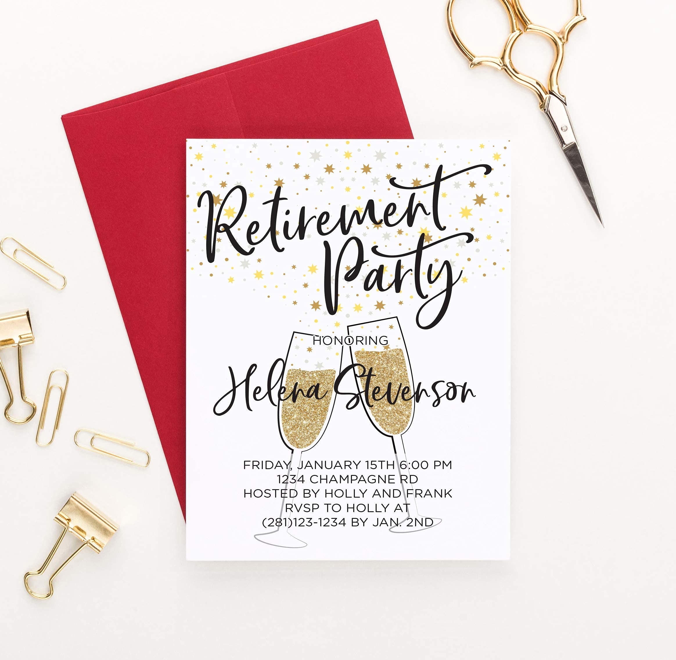 Modern Retirement Party Invitation, Gold Glitter Retirement Party Invites, Your choice of Quantity and Envelope Color