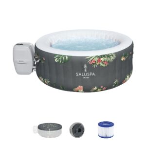 bestway saluspa aruba airjet 2 to 3 person inflatable hot tub round portable outdoor spa with 110 soothing jets and cover, gray