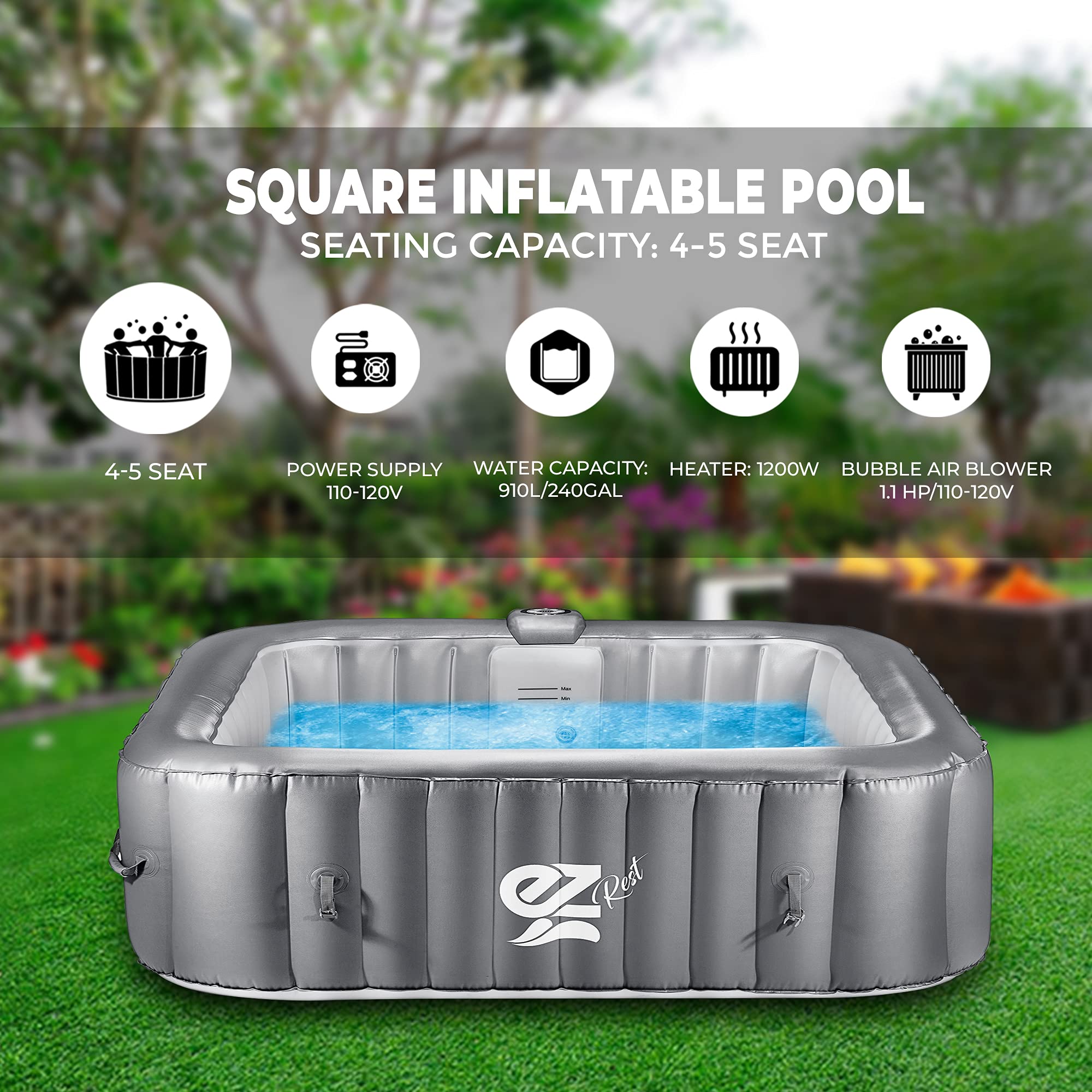 SereneLife Outdoor Portable Hot Tub - 73'' x 73'' x 25'' 6-Person Square Inflatable Heated Pool Spa with 130 Bubble Jets, Filter Pump, Cover, LED Lights, and Remote Control