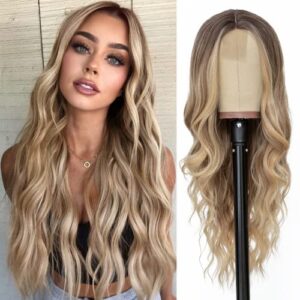 nayoo long ombre blonde wavy wig for women 26 inch middle part curly wavy wig natural looking synthetic heat resistant fiber wig for daily party use (ombre blonde)