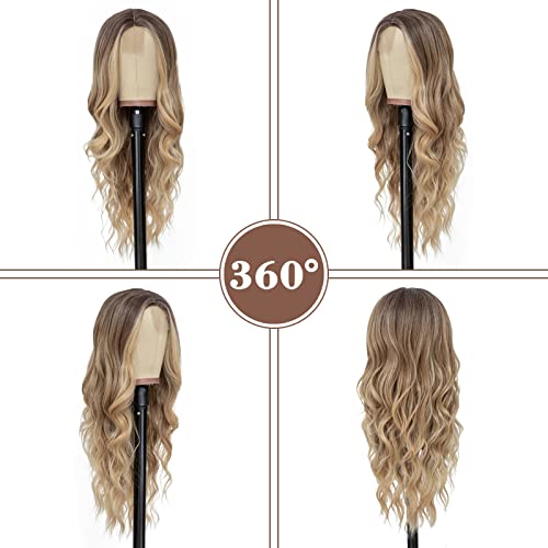 NAYOO Long Ombre Blonde Wavy Wig for Women 26 Inch Middle Part Curly Wavy Wig Natural Looking Synthetic Heat Resistant Fiber Wig for Daily Party Use (Ombre Blonde)