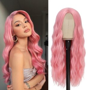 ybymcai pink wig - long pink wavy wigs for women middle part pastel pink wig 26 inch natural curly synthetic wig heat resistant fiber wigs for daily party use