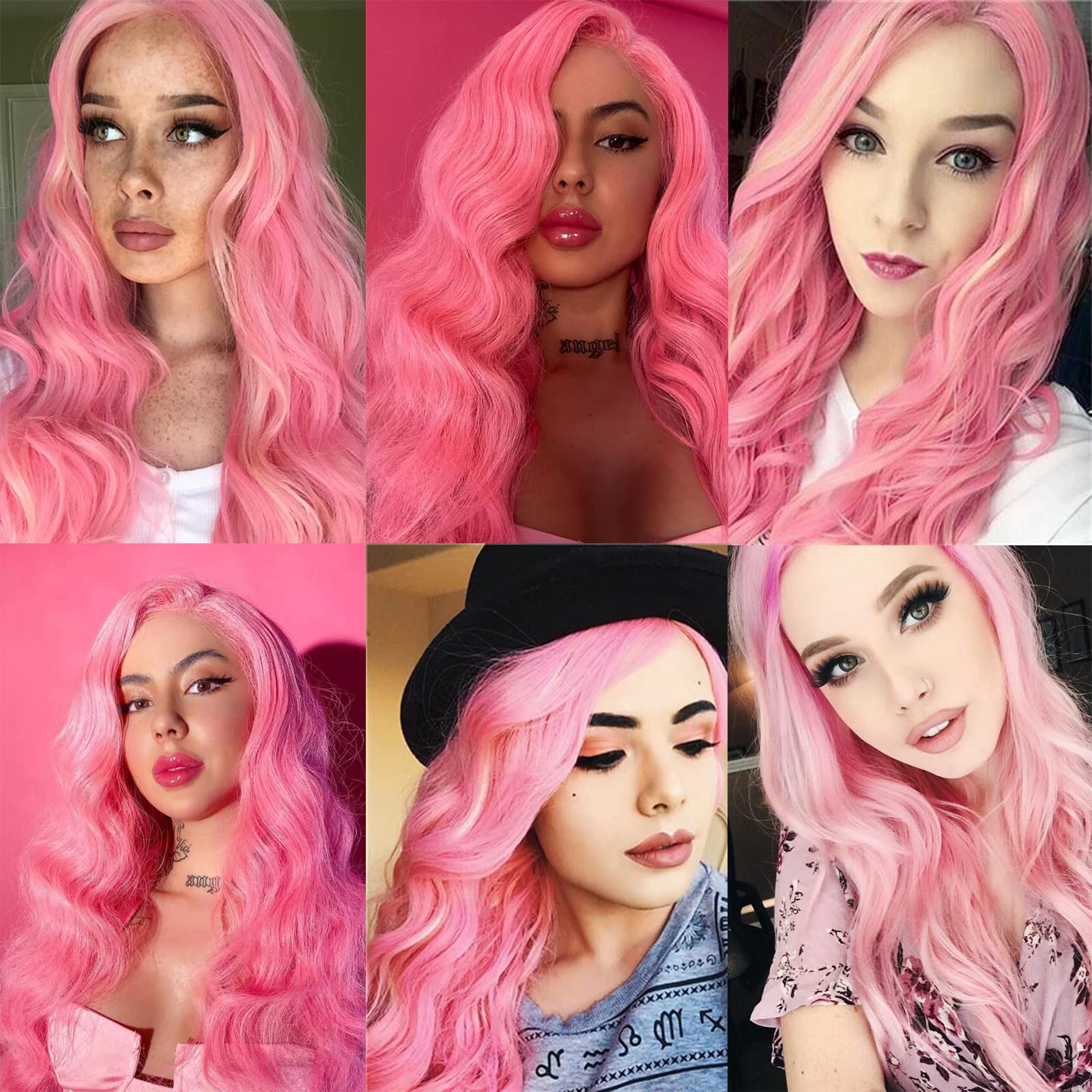 YBYMCAI Pink Wig - Long Pink Wavy Wigs for Women Middle Part Pastel Pink Wig 26 inch Natural Curly Synthetic Wig Heat Resistant Fiber Wigs for Daily Party Use