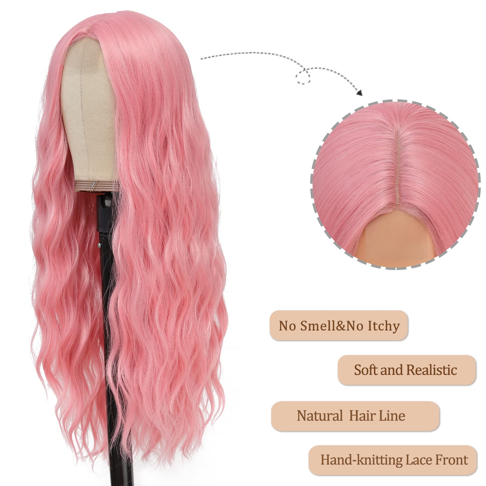 YBYMCAI Pink Wig - Long Pink Wavy Wigs for Women Middle Part Pastel Pink Wig 26 inch Natural Curly Synthetic Wig Heat Resistant Fiber Wigs for Daily Party Use