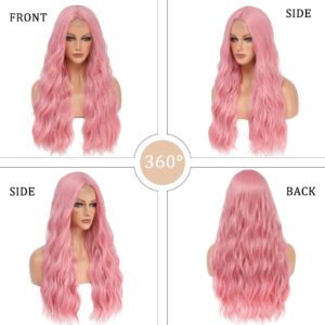 YBYMCAI Pink Wig - Long Pink Wavy Wigs for Women Middle Part Pastel Pink Wig 26 inch Natural Curly Synthetic Wig Heat Resistant Fiber Wigs for Daily Party Use