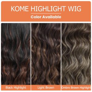 KOME Ombre Brown Wigs with Bangs,Brown Highlight Long Wavy Wig for Women,Long Curly Wigs Synthetic Hair Wig for Party Cosplay Daily Use 24IN