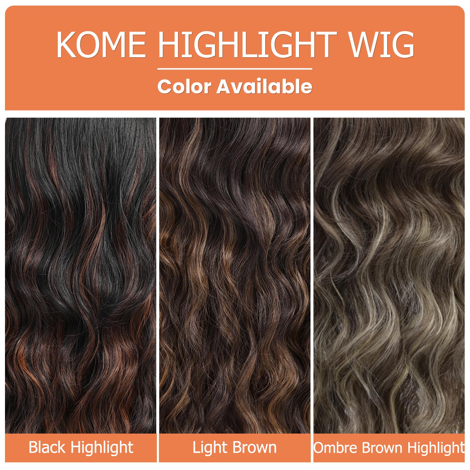 KOME Ombre Brown Wigs with Bangs,Brown Highlight Long Wavy Wig for Women,Long Curly Wigs Synthetic Hair Wig for Party Cosplay Daily Use 24IN