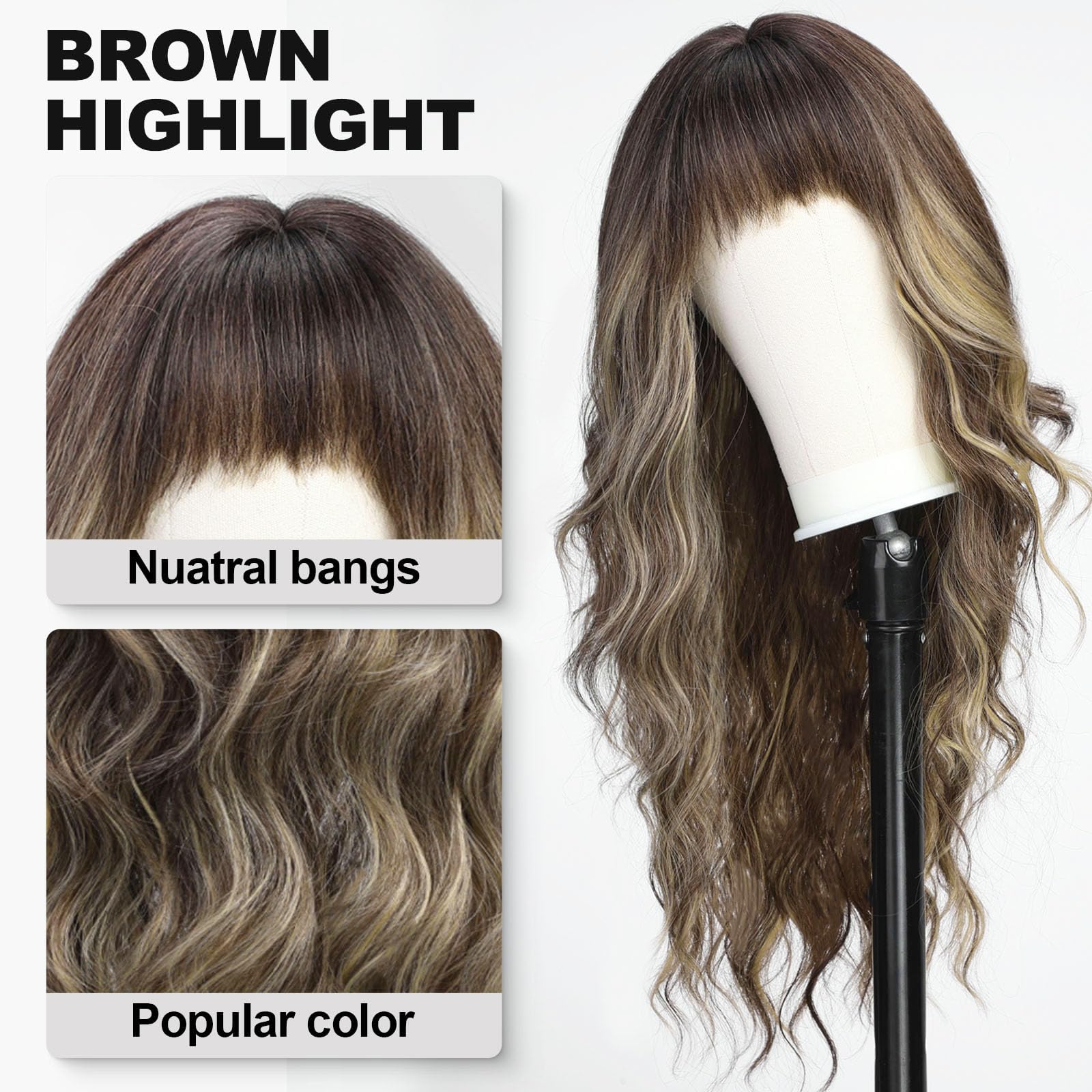 KOME Ombre Brown Wigs with Bangs,Brown Highlight Long Wavy Wig for Women,Long Curly Wigs Synthetic Hair Wig for Party Cosplay Daily Use 24IN