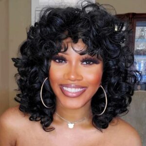 andromeda curly wigs for black women soft short curly wig with bangs afro loose curls heat resistant synthetic wig for african american women (black)