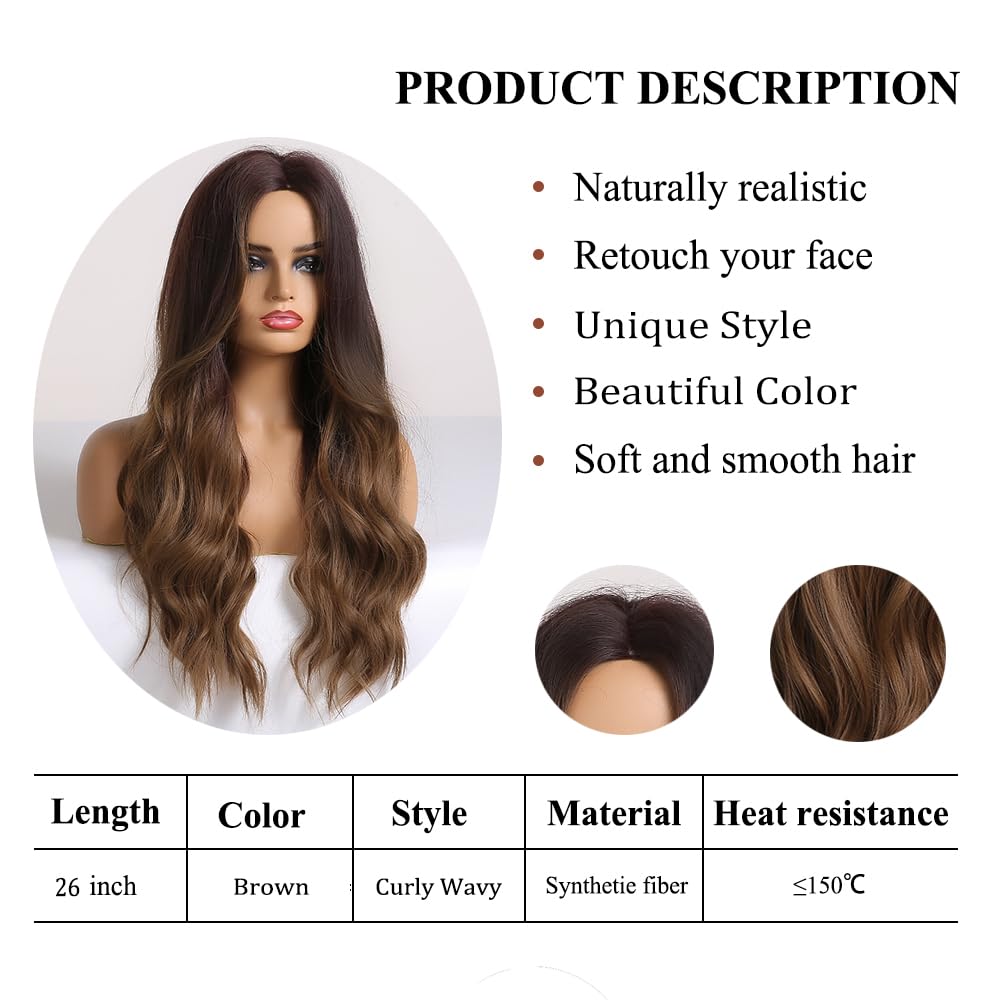 Haoland Long Ombre Brown Wavy Wig for Women 26 Inch Middle Part Curly Women's Charming Synthetic Wig with Natural Wavy Brown Heat Resistant Hair for Wedding Daily Party Use