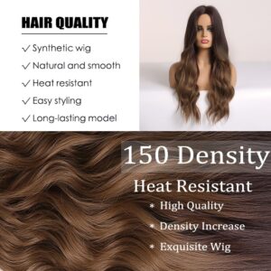 Haoland Long Ombre Brown Wavy Wig for Women 26 Inch Middle Part Curly Women's Charming Synthetic Wig with Natural Wavy Brown Heat Resistant Hair for Wedding Daily Party Use