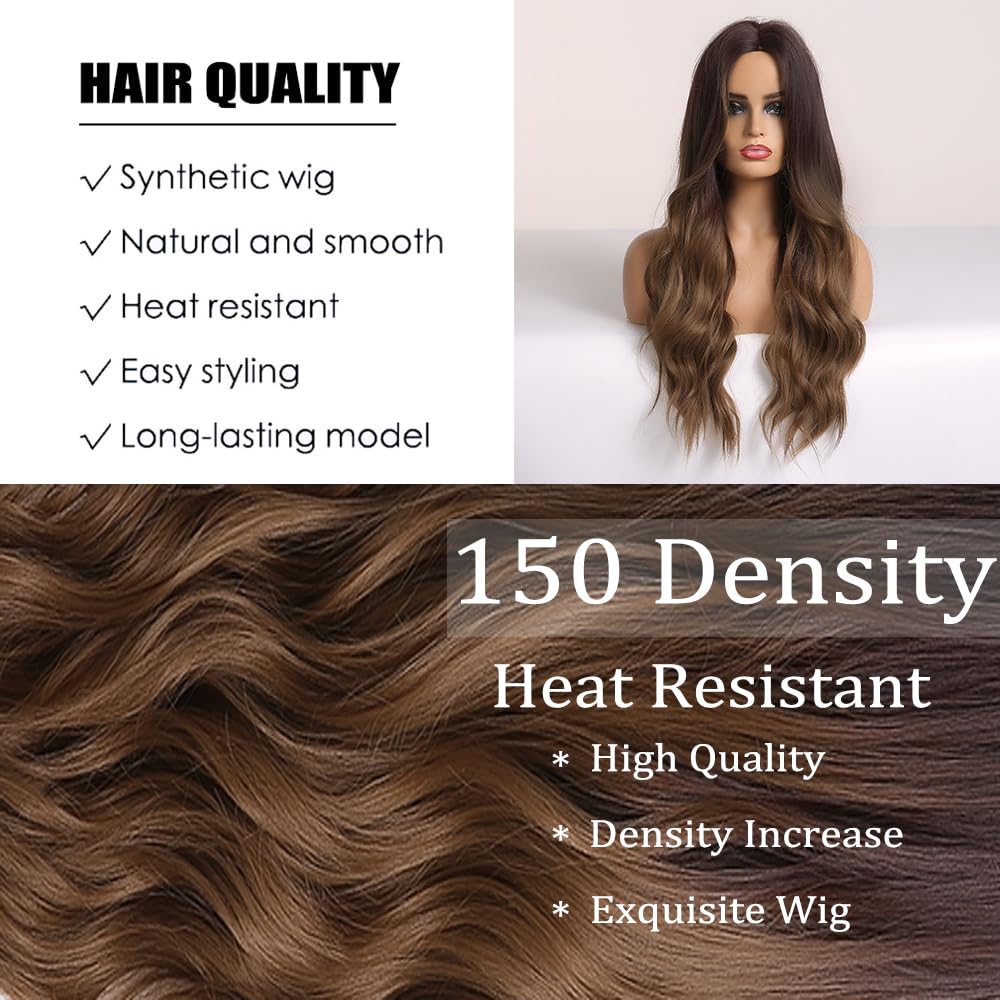 Haoland Long Ombre Brown Wavy Wig for Women 26 Inch Middle Part Curly Women's Charming Synthetic Wig with Natural Wavy Brown Heat Resistant Hair for Wedding Daily Party Use