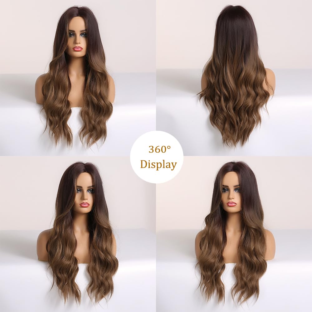 Haoland Long Ombre Brown Wavy Wig for Women 26 Inch Middle Part Curly Women's Charming Synthetic Wig with Natural Wavy Brown Heat Resistant Hair for Wedding Daily Party Use