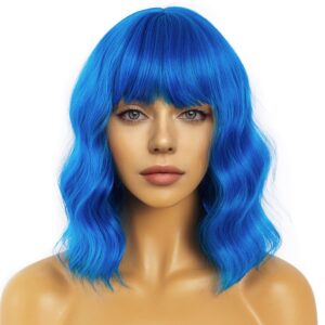 lancaini short bob wavy wig with bangs for women loose curly shoulder length synthetic cosplay wig bob for girl colorful costume wigs (blue)