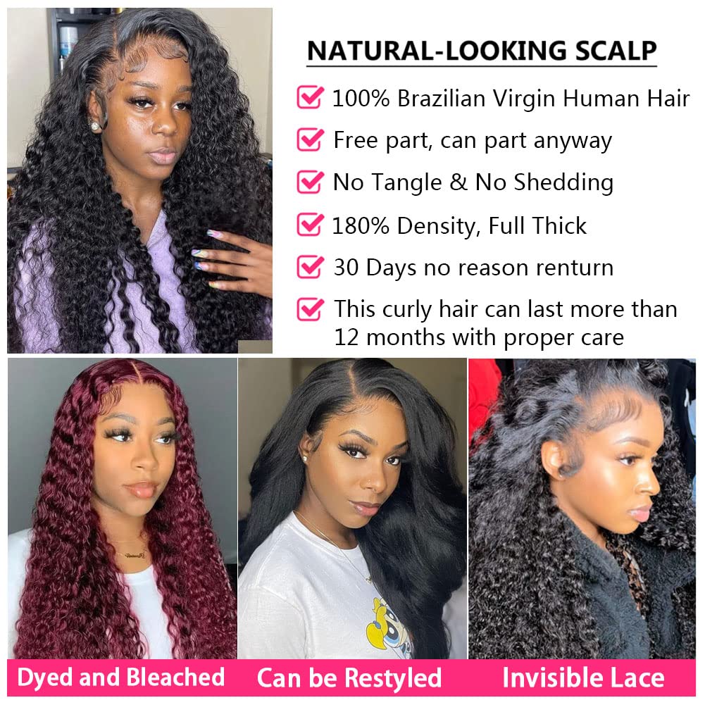 bangjazz 13x4 Deep Wave Lace Front Wigs Human Hair 180% Density Deep Wave Frontal Wigs Human Hair HD Lace 26 Inch Curly Wigs for Black Women Pre Plucked with Baby Hair Curly Lace Front Wig Human Hair