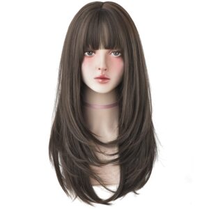 7jhh wigs hair dye wig for women synthetic hair natural long straight wig with bangs (22inch, cold brown)