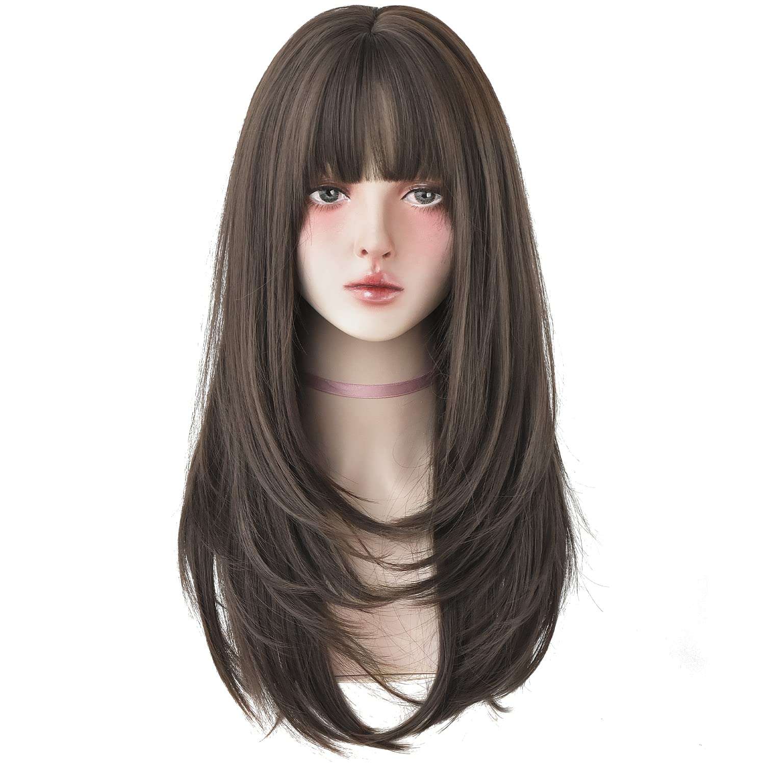 7JHH WIGS Hair Dye Wig for Women Synthetic Hair Natural Long Straight Wig With Bangs (22inch, Cold brown)