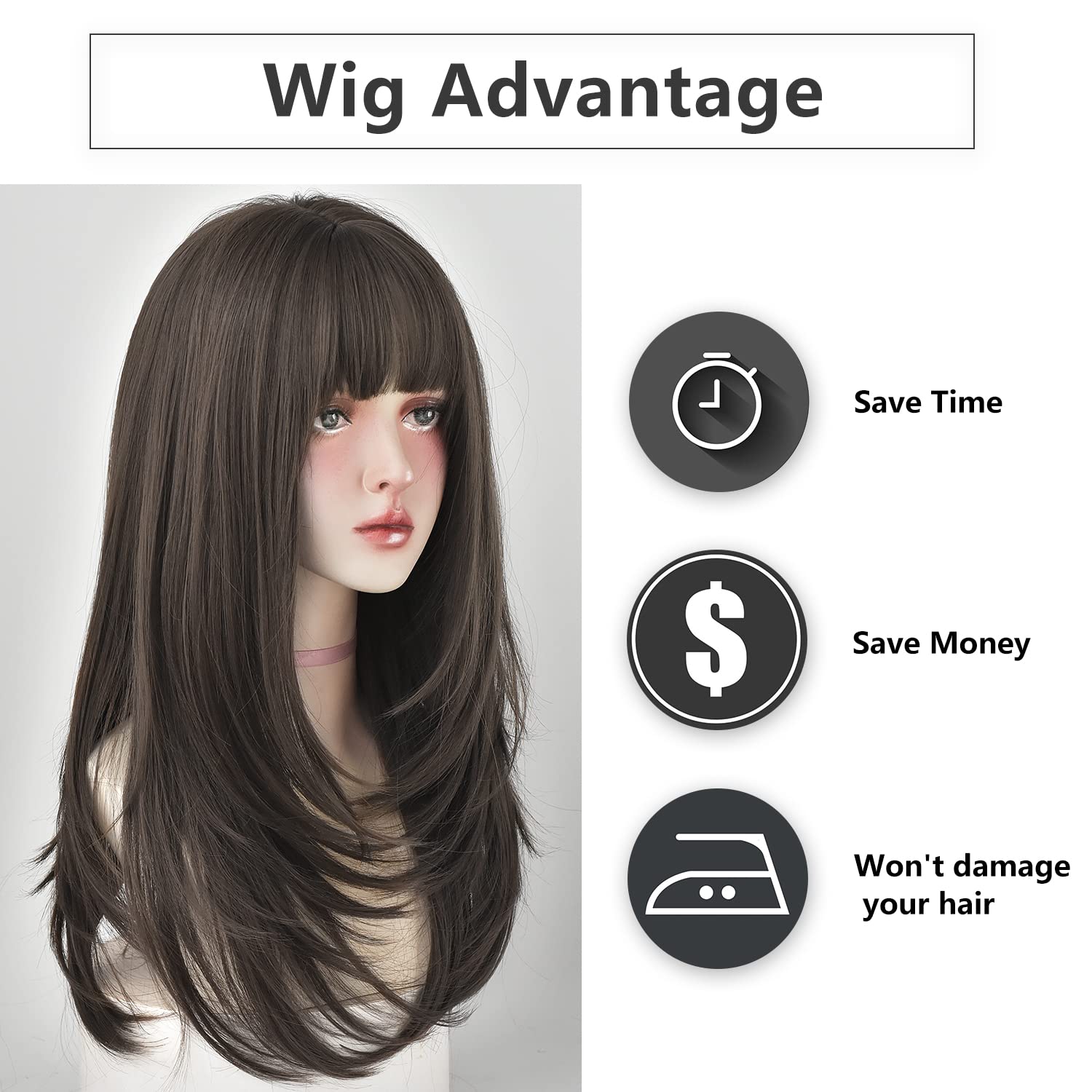 7JHH WIGS Hair Dye Wig for Women Synthetic Hair Natural Long Straight Wig With Bangs (22inch, Cold brown)