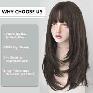 7JHH WIGS Hair Dye Wig for Women Synthetic Hair Natural Long Straight Wig With Bangs (22inch, Cold brown)