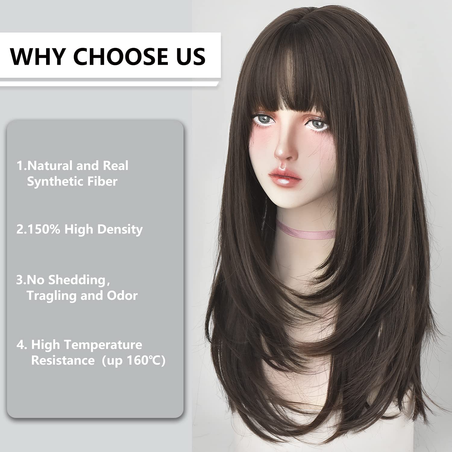 7JHH WIGS Hair Dye Wig for Women Synthetic Hair Natural Long Straight Wig With Bangs (22inch, Cold brown)