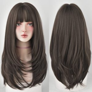 7JHH WIGS Hair Dye Wig for Women Synthetic Hair Natural Long Straight Wig With Bangs (22inch, Cold brown)