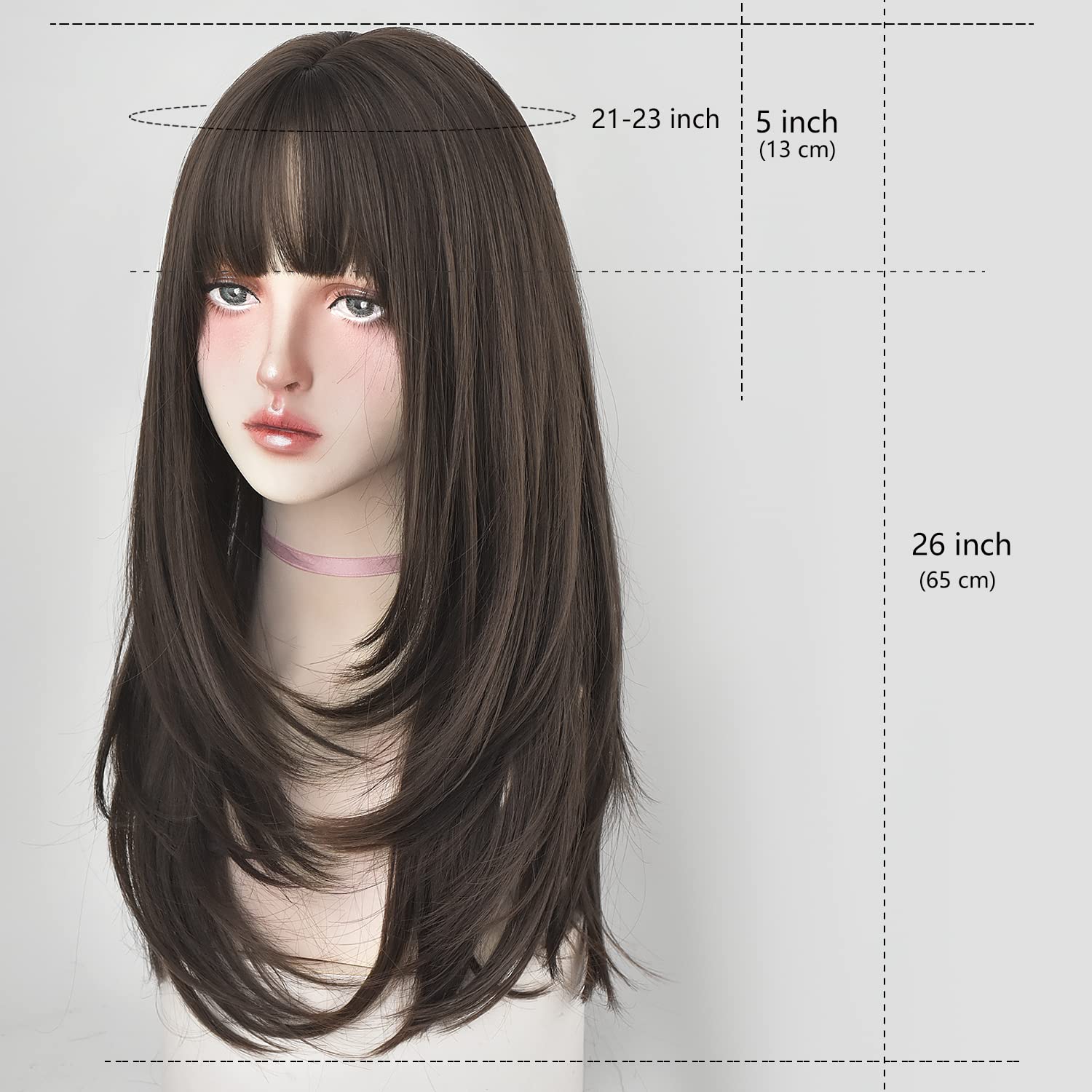 7JHH WIGS Hair Dye Wig for Women Synthetic Hair Natural Long Straight Wig With Bangs (22inch, Cold brown)