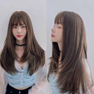 7JHH WIGS Hair Dye Wig for Women Synthetic Hair Natural Long Straight Wig With Bangs (22inch, Cold brown)