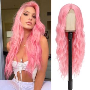 buppler cosplay long pink wig 28 inch middle part synthetic wig realistic gifts party wigs for women daily use colorful wigs (pink)