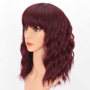 AISI HAIR Curly Bob Wig with Bangs Short Wavy Wine Red Color Wigs for Women Bob Style Synthetic Heat Resistant Bob Wigs