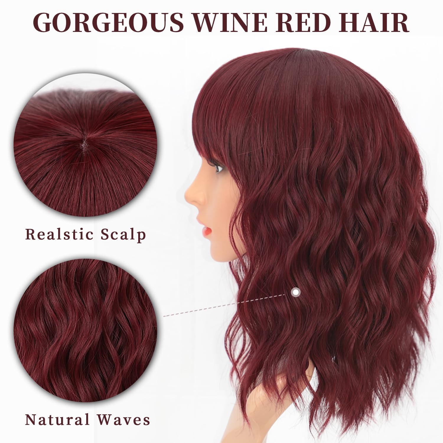 AISI HAIR Curly Bob Wig with Bangs Short Wavy Wine Red Color Wigs for Women Bob Style Synthetic Heat Resistant Bob Wigs