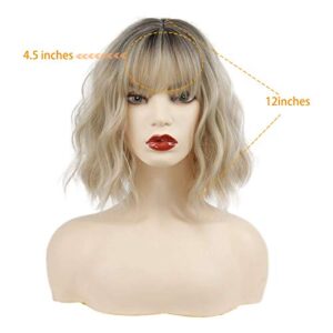 MISSQUEEN Short Ombre Blonde Wigs Wavy Bob Wig with Bangs Women Synthetic Curly Pastel Bob Wig for Girl Colorful Cosplay Wigs