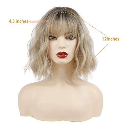 MISSQUEEN Short Ombre Blonde Wigs Wavy Bob Wig with Bangs Women Synthetic Curly Pastel Bob Wig for Girl Colorful Cosplay Wigs