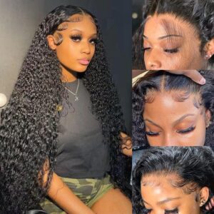 curly lace front wig human hair 13x4 deep wave lace front wigs human hair for women wet and wavy 250% density hd lace frontal wigs human hair pre plucked with baby hair natural hairline(20inch)