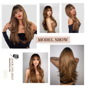 N NAYASA Light Brown Wigs for Women Brown Wig with Bangs 24‘’Ombre Brown Wig with Dark Roots Long Layered Wig Heat Resistant Synthetic Wig Natural Looking Wigs for Daily Party Use