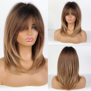 alanhair ombre brown wigs for women,shoulder-length layered wigs with bangs heat resistant synthetic fibre wigs