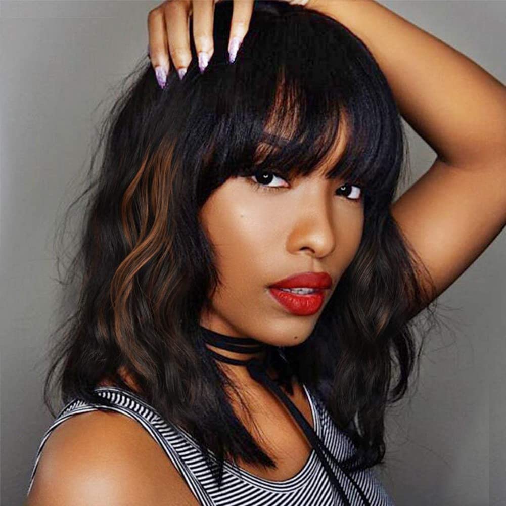 Ucubb Black Mixed Brown Wig for Black Women 14 Inch Short Wavy Hair Wigs Curly Bob Wig with Bangs Wigs Shoulder Length Wigs for Black Women Bob Style Synthetic Heat Resistant Bob Wigs