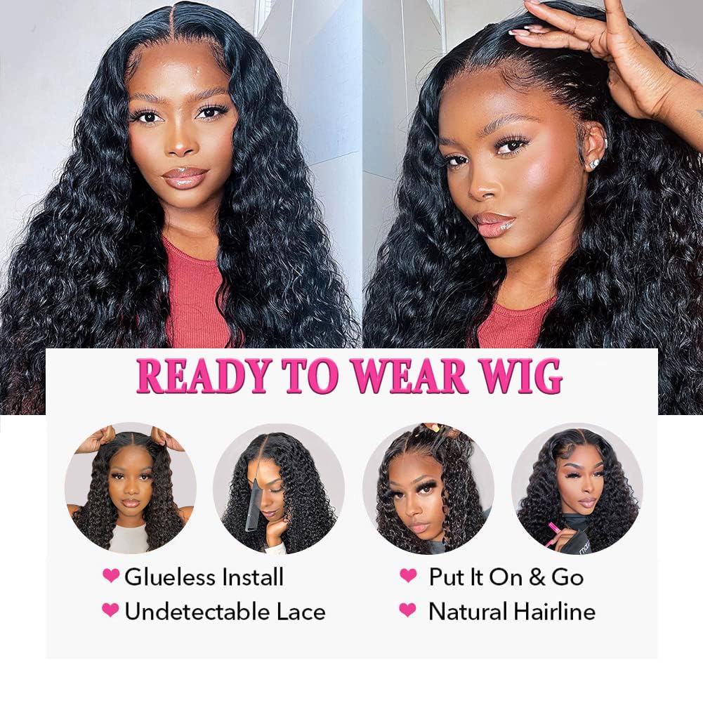 kiss love Glueless Wigs Human Hair Pre Plucekd 180% Density Deep Wave Closure Wig Ready to Wear Wigs Glueless Human Hair Wet and Wavy 4x4 Curly Closure Wigs Human Hair for Women 24Inch