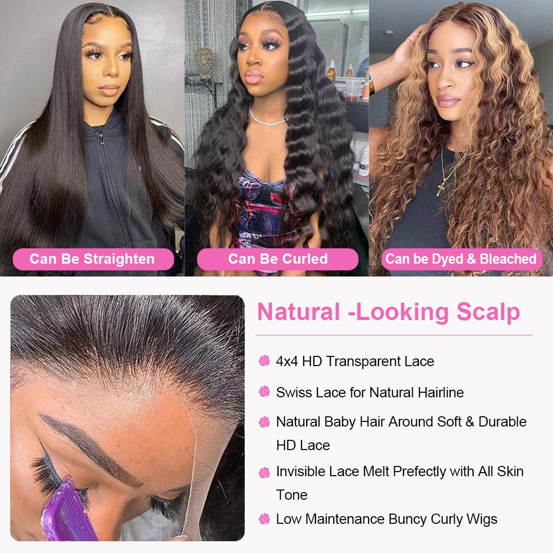 kiss love Glueless Wigs Human Hair Pre Plucekd 180% Density Deep Wave Closure Wig Ready to Wear Wigs Glueless Human Hair Wet and Wavy 4x4 Curly Closure Wigs Human Hair for Women 24Inch