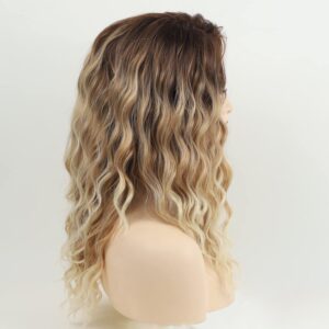 Fencca Ombre Blonde Curly Wigs for Women Medium Length Synthetic Wig Afro Wave Curly Free Part Fluffy Wig 18 inch Curly Wavy Hair Replacement Wig