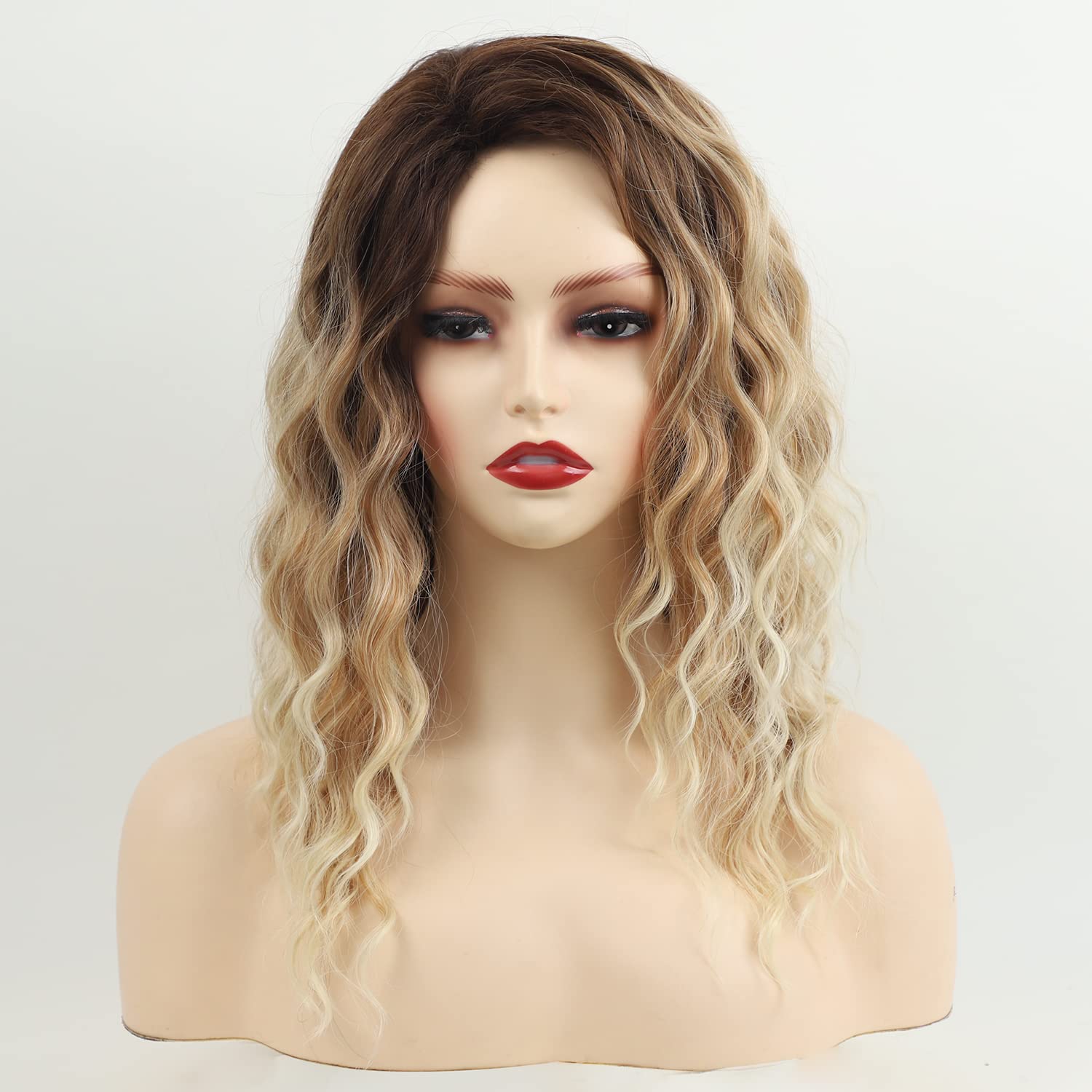 Fencca Ombre Blonde Curly Wigs for Women Medium Length Synthetic Wig Afro Wave Curly Free Part Fluffy Wig 18 inch Curly Wavy Hair Replacement Wig