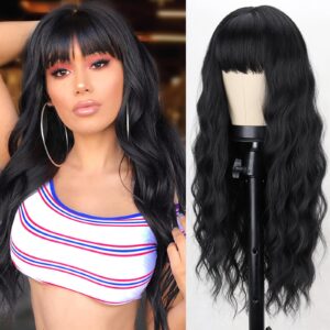 merisihair long black wig with bangs,26 inches synthetic wavy bang black wigs for women, women long curly heat resistant black hair wig,cosplay selena black wig